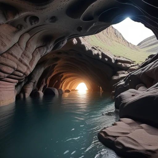 Stunning Cave View with Serene Water and Bright Light at the Exit