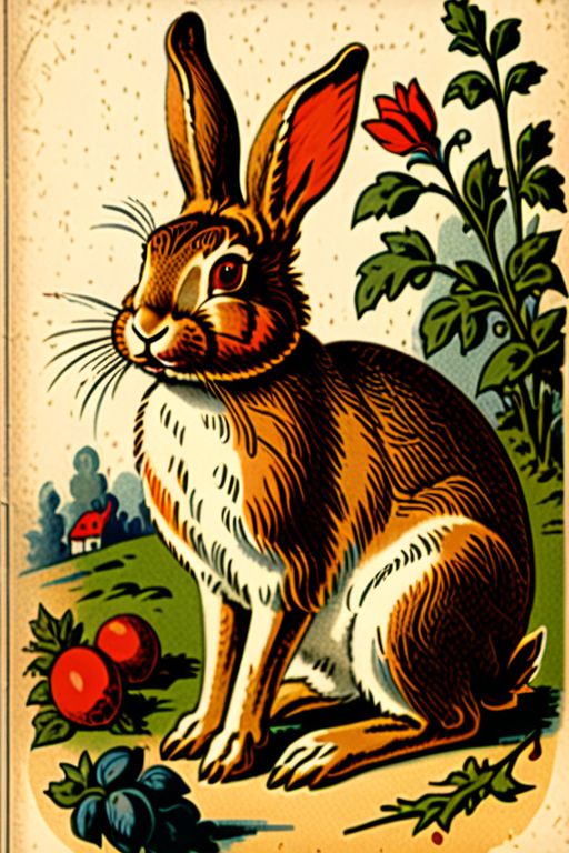 Charming Vintage Illustration of a Rabbit Surrounded by Nature's Delights