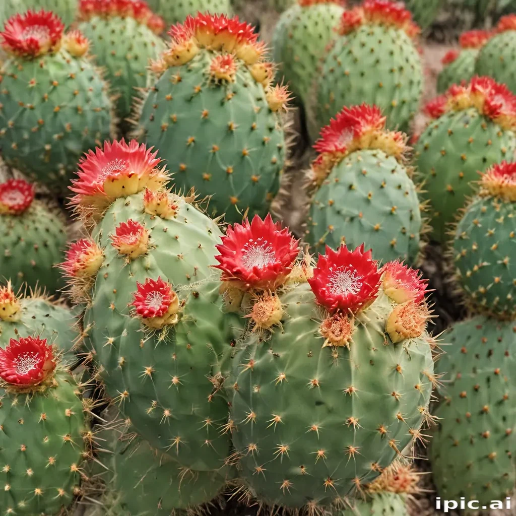 Vibrant Red Flowering Cacti Cluster in a Sunny Desert Landscape