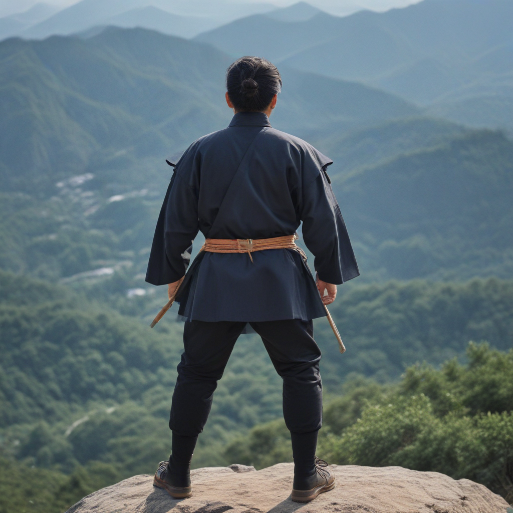 Back view of gojo satoru at the top of mountain