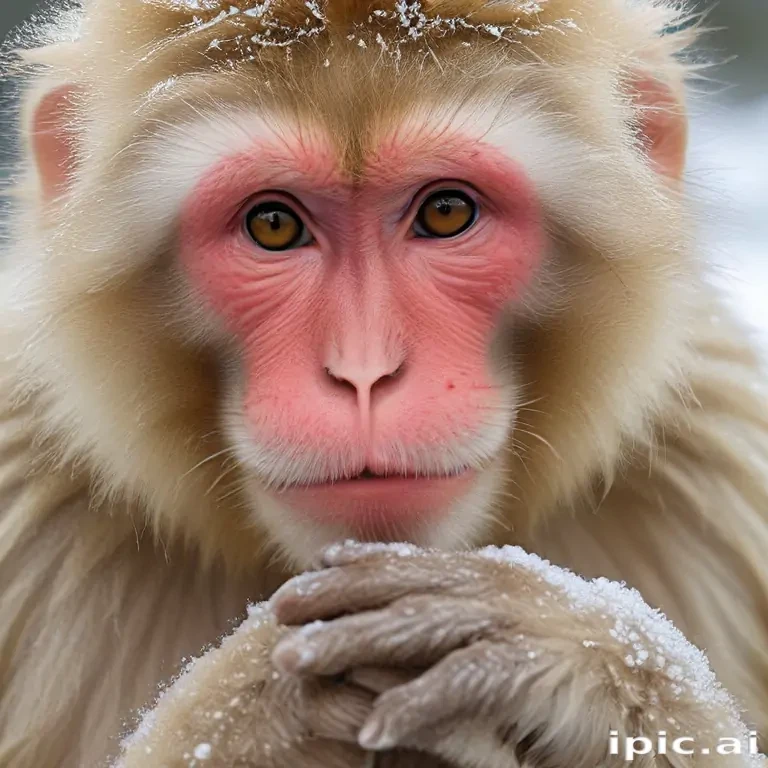 Close-Up Portrait of a Snow-Covered Monkey with Striking Expression