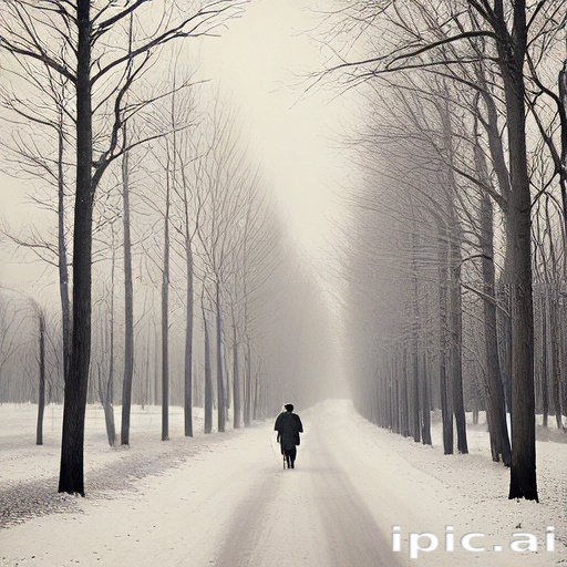 A Solitary Figure Walking Through a Snow-Covered Tree-Lined Pathway