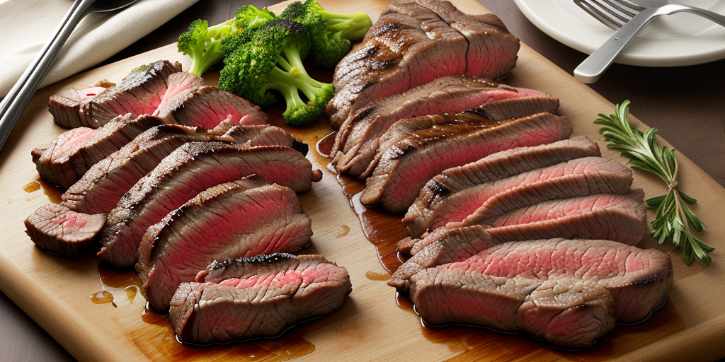 Deliciously Sliced Medium Rare Steak Accompanied by Fresh Broccoli Garnish