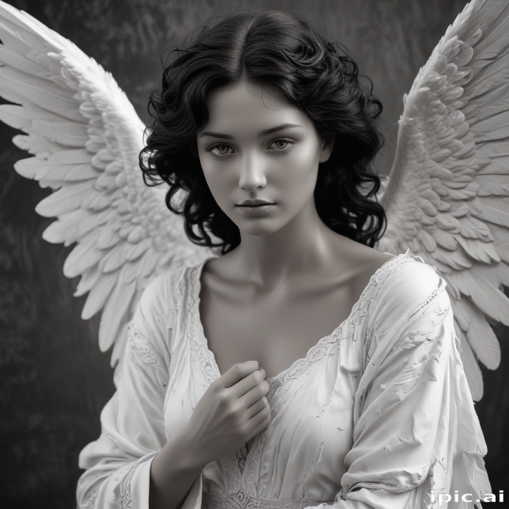 Elegant Angelic Figure with Majestic Wings in Ethereal Black and White