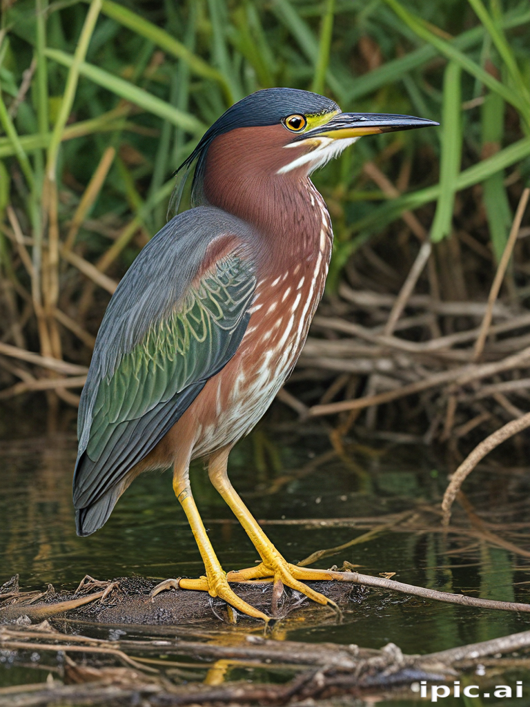 Colorful Green Heron Standing Gracefully Near a Serene Waterway