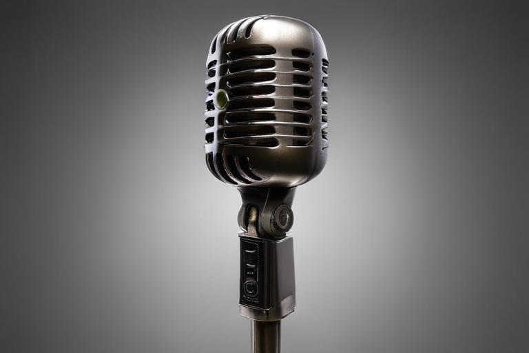 Classic Vintage Microphone Standing Tall Against a Soft Gray Background