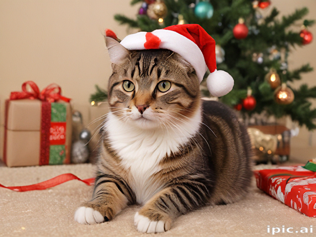 A Festive Cat in a Santa Hat Surrounded by Christmas Decorations and Gifts.