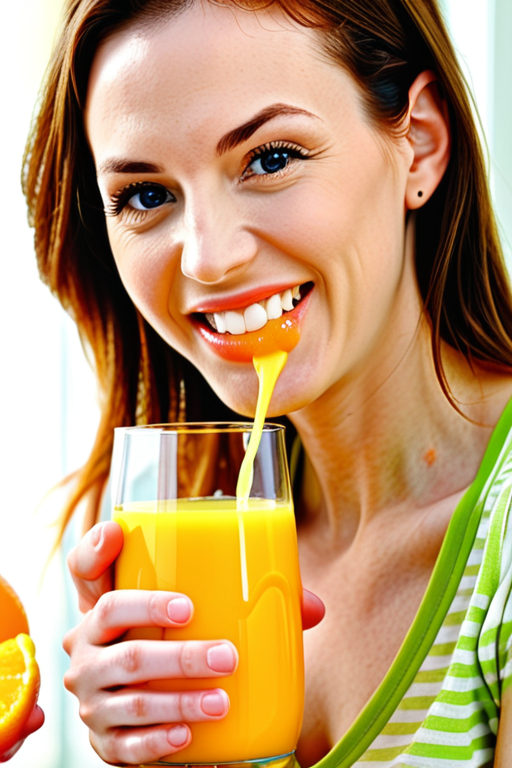 Joyful Woman Enjoying Fresh Orange Juice with a Bright Smile