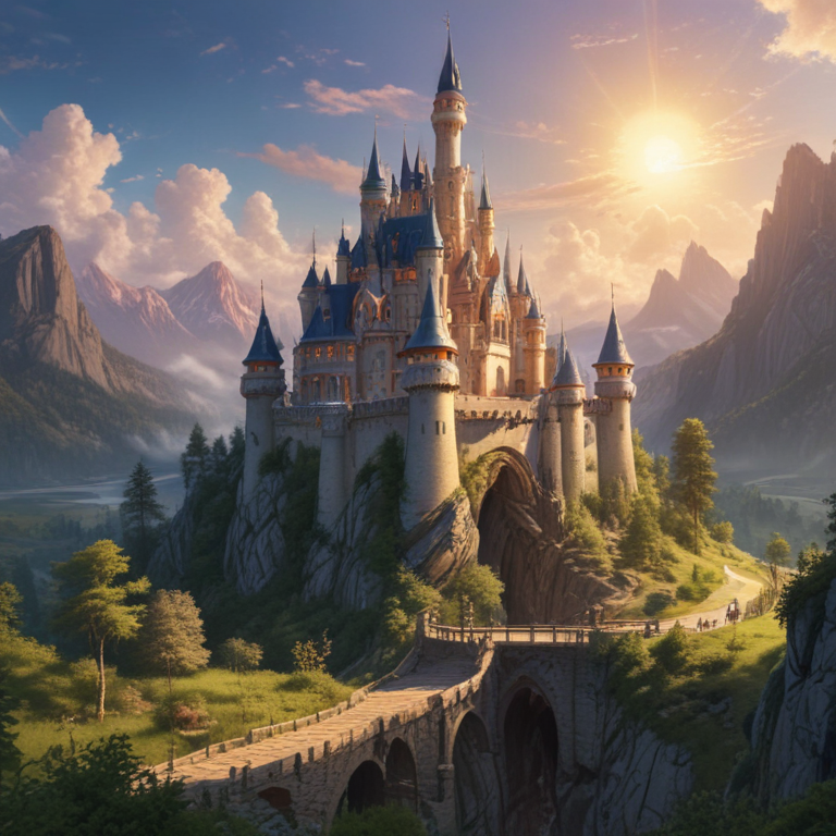 Majestic Fairytale Castle Nestled Amongst Mountains Under a Golden Sunset