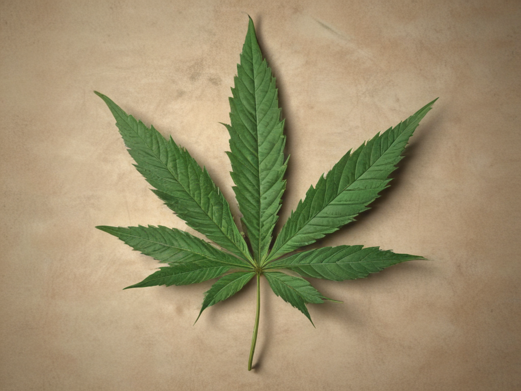 Detailed Close-Up of a Vibrant Green Cannabis Leaf on Textured Background