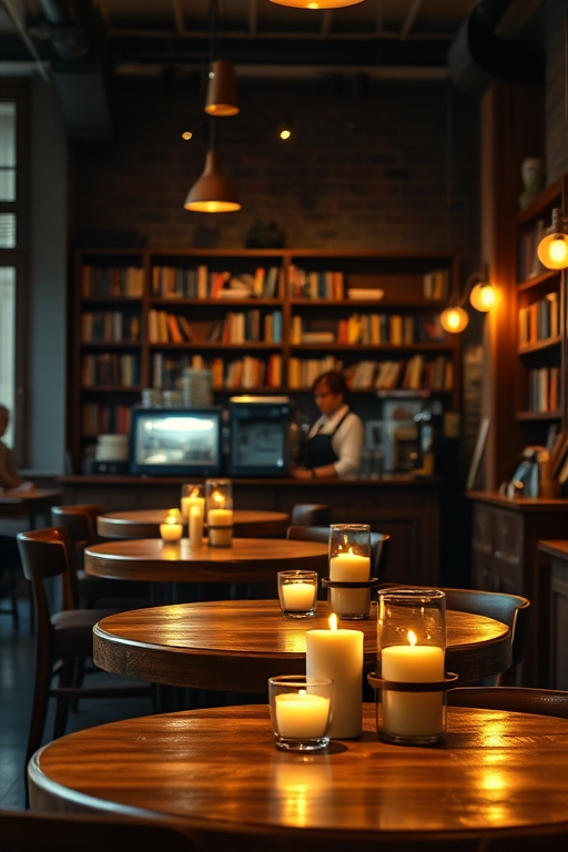Cozy Cafe Interior with Warm Lighting and Inviting Candlelit Tables