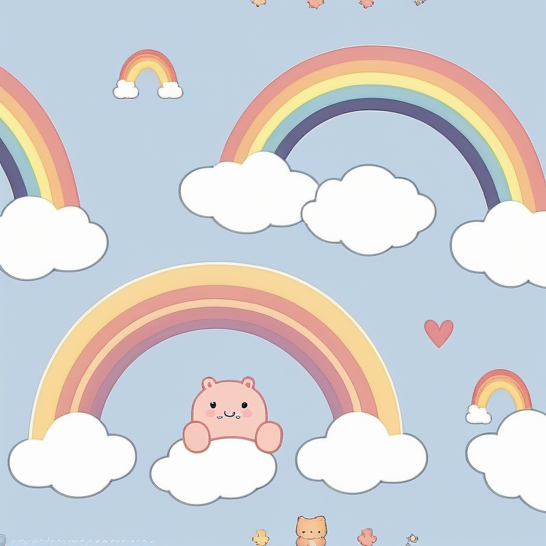 Colorful and Whimsical Pattern of Rainbow Hearts and Cute Clouds