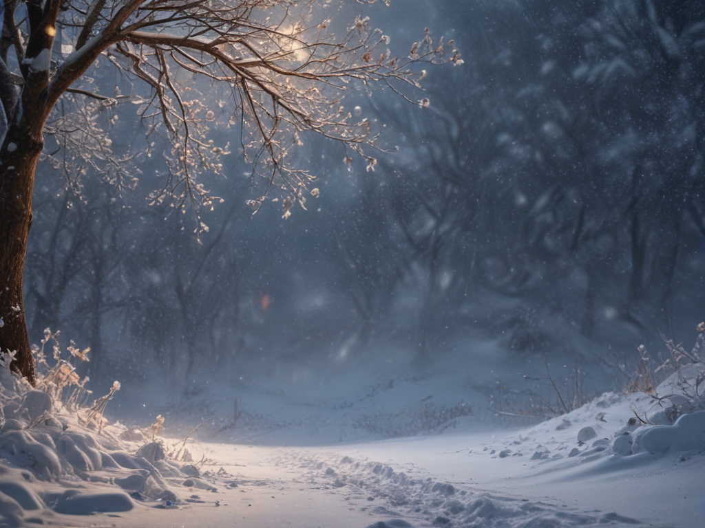 A Serene Winter Landscape with Soft Snowfall and Glowing Streetlight ...
