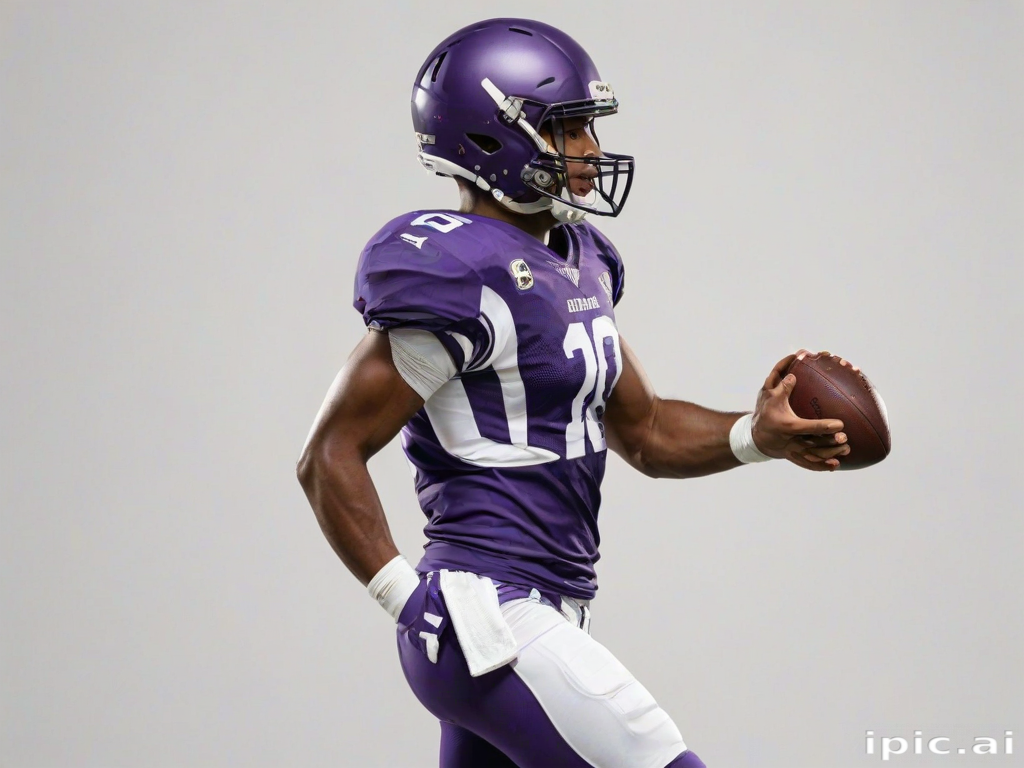 A Young Football Player in Purple Uniform Preparing to Pass the Ball