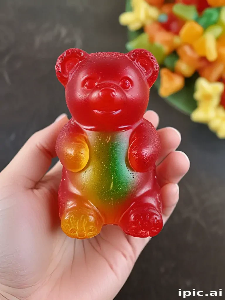 A Colorful Gummy Bear in Hand Surrounded by Assorted Candy Treats.