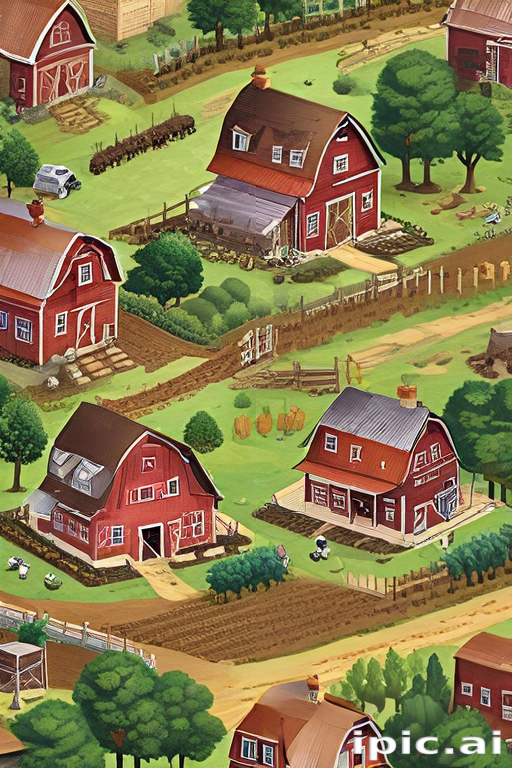 Charming Farm Scene with Red Barns, Green Fields, and Livestock