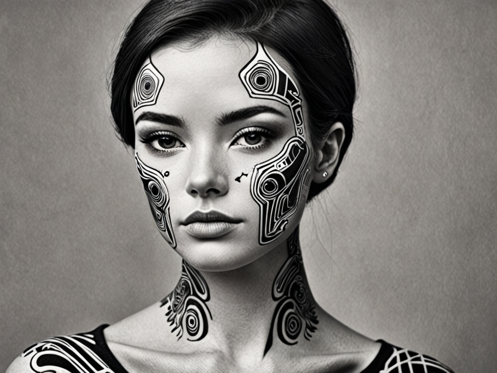 robot head with ai tattoos all over the face in grayscale