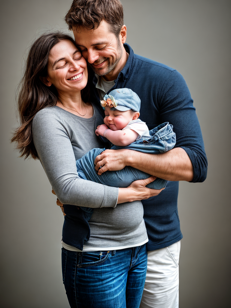 create a realistic picture of a father and mother hugging their baby ...