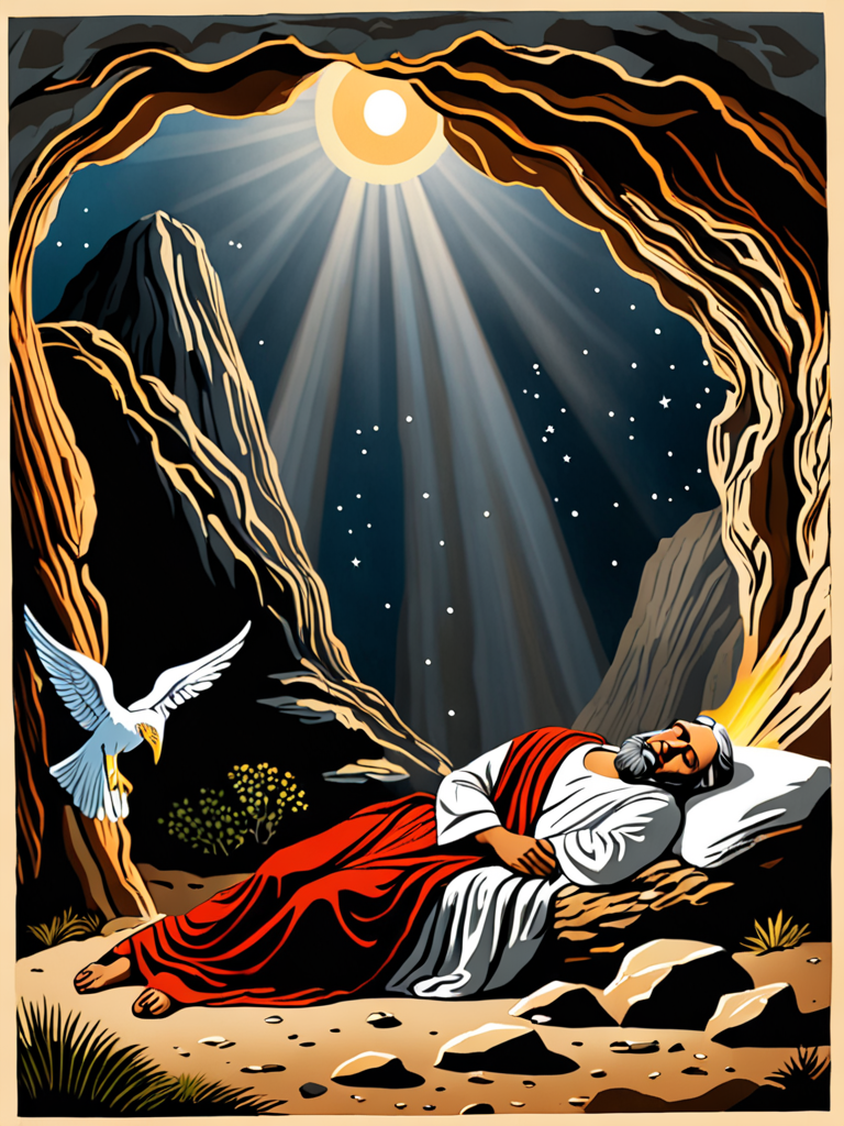 prophet Elijah sleeping in a cave being watched by an angel