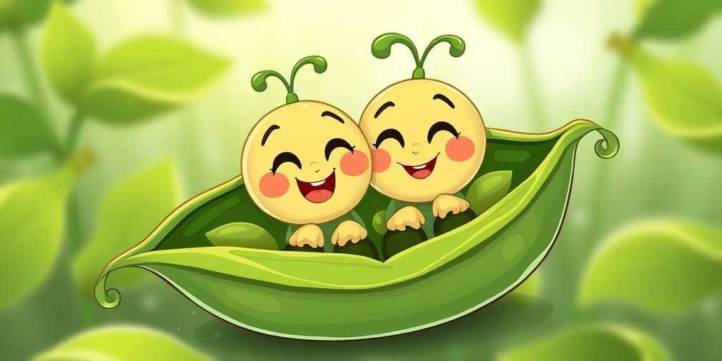 Two Cheerful Cartoon Characters Joyfully Sitting Together in a Green Peapod