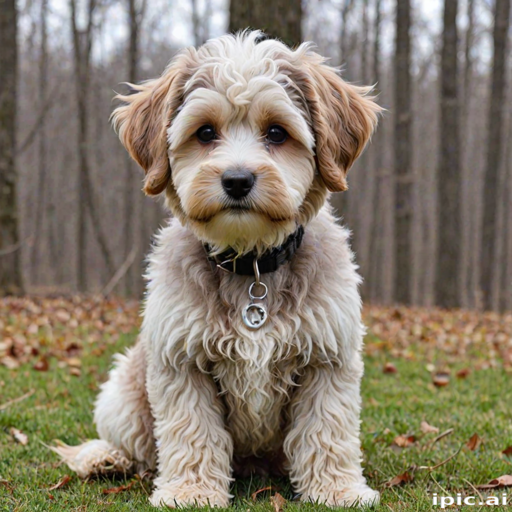 A Cute Fluffy Puppy Sitting in a Forest Surrounded by Autumn Leaves.