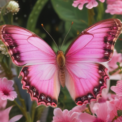 A Vibrant Pink Butterfly Sitting Gracefully Among Beautiful Pink Flowers.