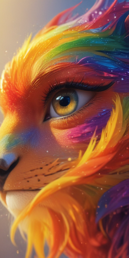 A Vibrant and Colorful Lion with a Majestic Rainbow Mane and Eye.