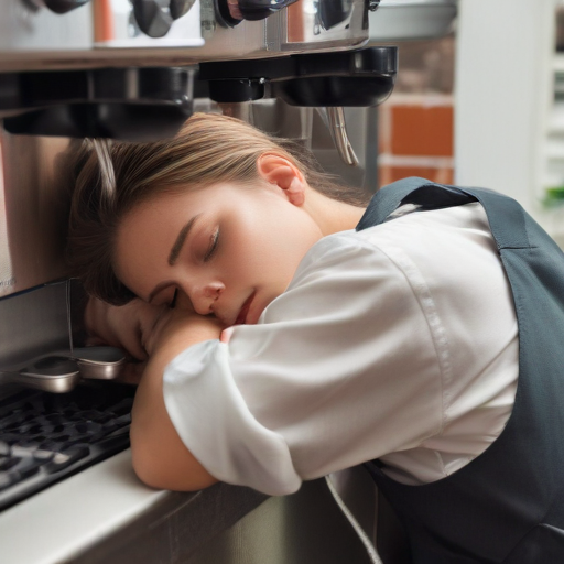 Barista, tired, sleeping on coffee machine