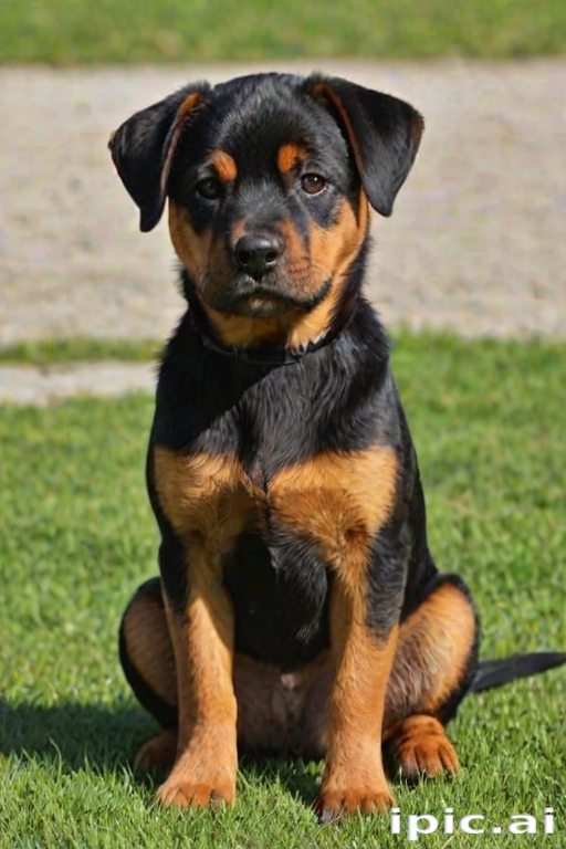 Adorable Rottweiler Puppy Sitting Proudly on Green Grass Outdoors.