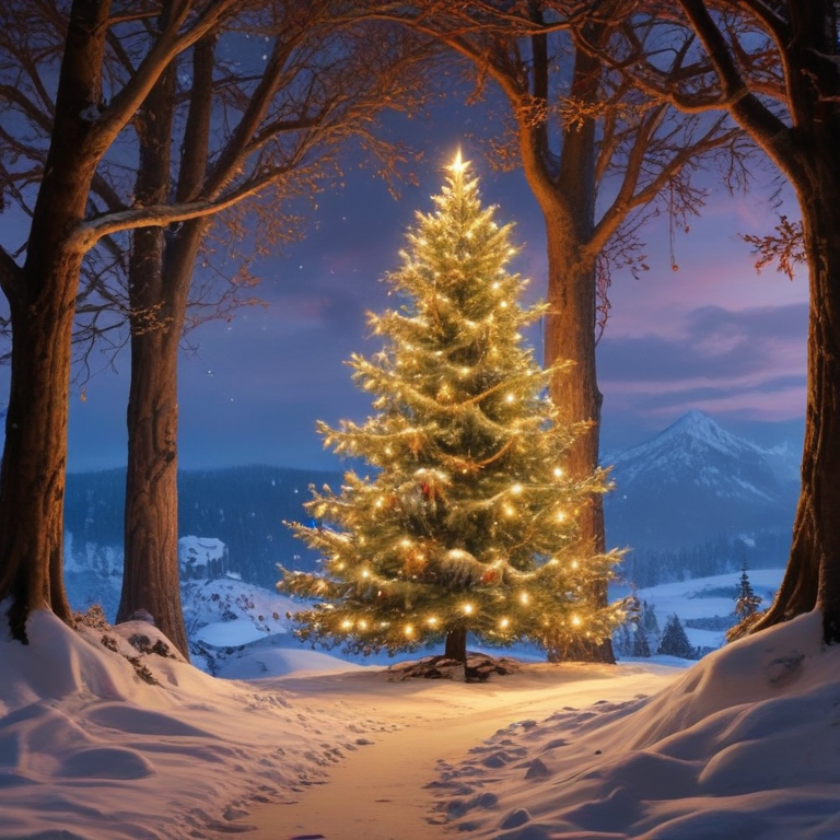 A Beautifully Lit Christmas Tree Surrounded by Snowy Winter Wonderland.