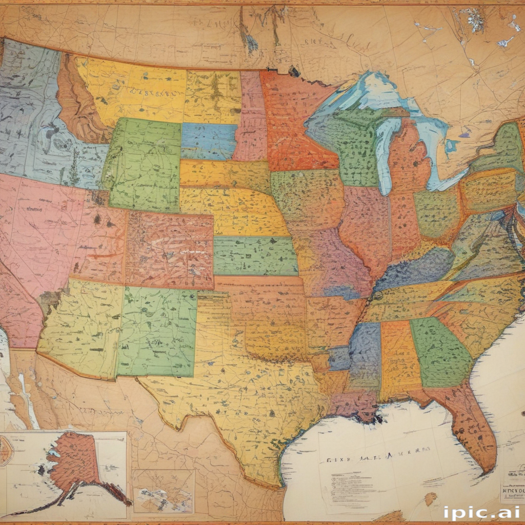 Colorful Historical Map of the United States Featuring State Boundaries ...