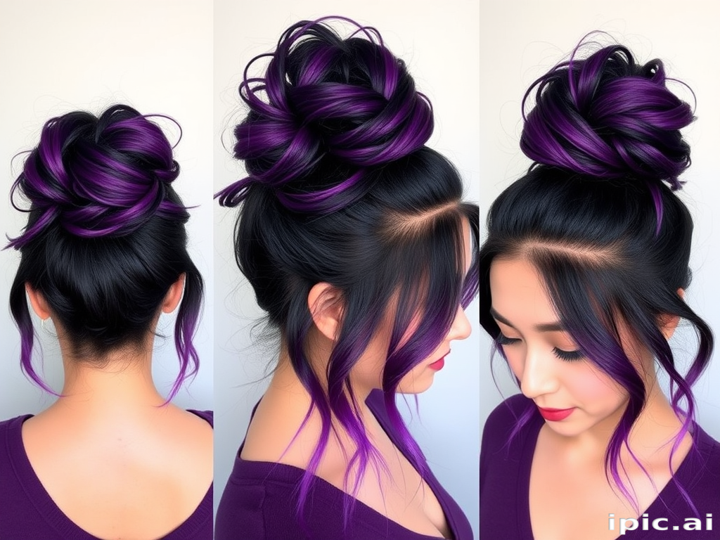 Stunning Triple View of a Stylish Black and Purple Hair Bun