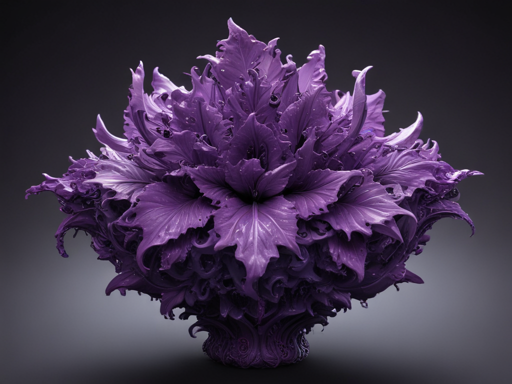 Intricate Purple Floral Sculpture with Lush Leaves and Elegant Design