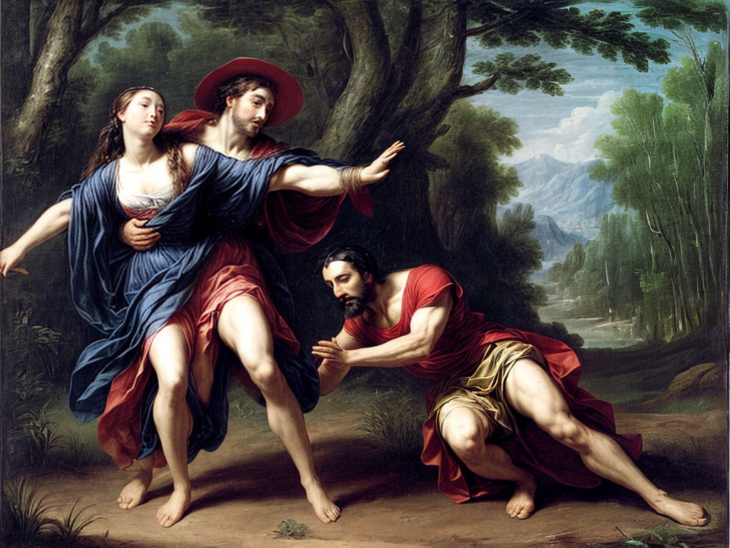 Realistic photo of the Abduction of Proserpina; one spanish man and a ...