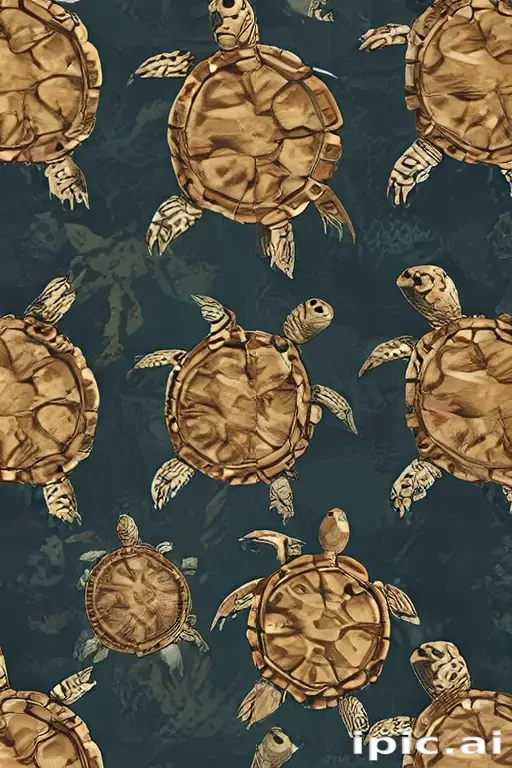 Colorful Pattern of Sea Turtles Swimming in a Deep Ocean Background