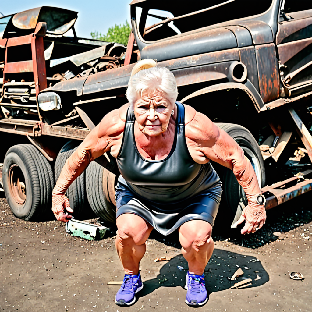 A very strong muscular elderly female very overweight bodybuilder in a ...