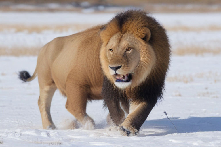 a lion with white coloured fur pouncing on a bison on a snowy day
