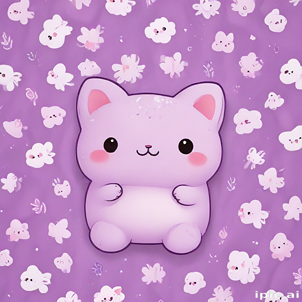 Adorable Purple Cat Character Surrounded by Cute Floral Patterns and Colors