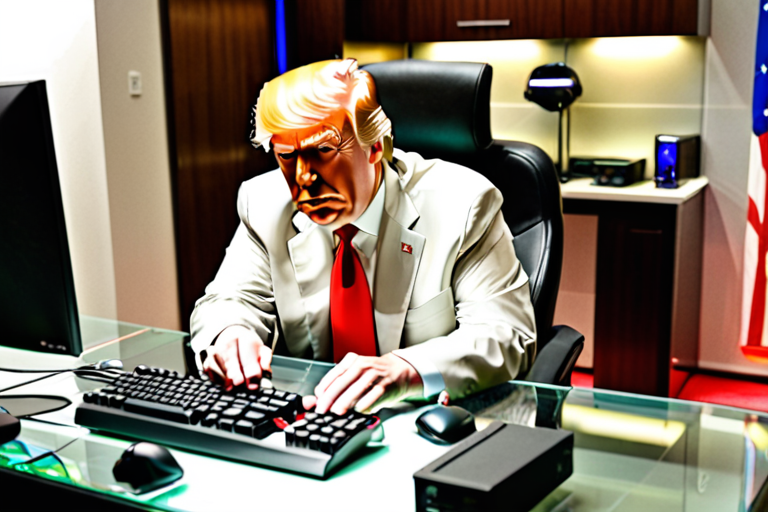 Donald Trump gaming on a high-tech gaming PC setup with red LED lights