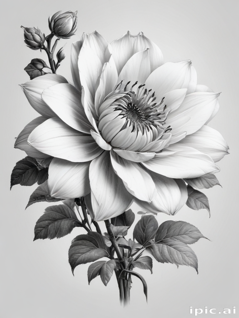 Elegant Monochrome Illustration of a Majestic Flower with Delicate Details