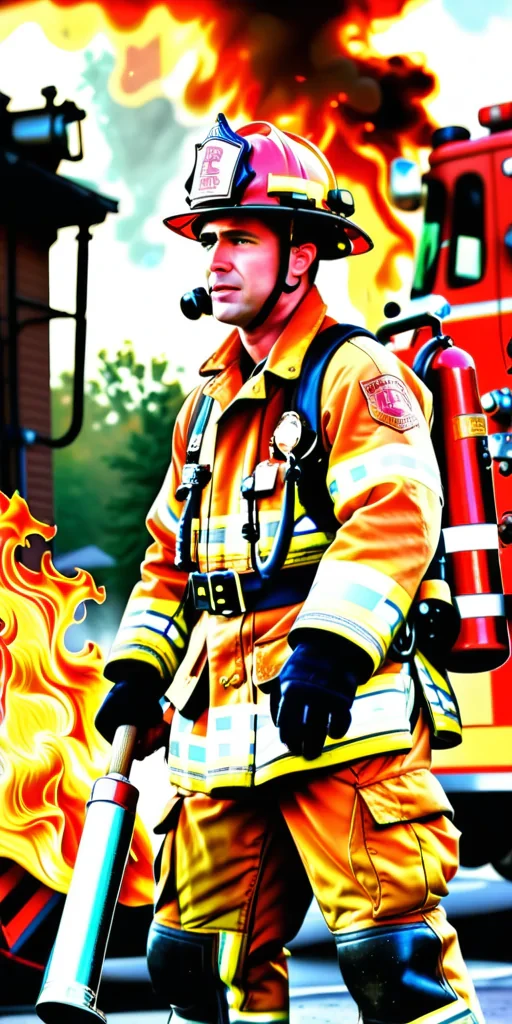 Brave Firefighter Facing Intense Flames with Determination and Courage
