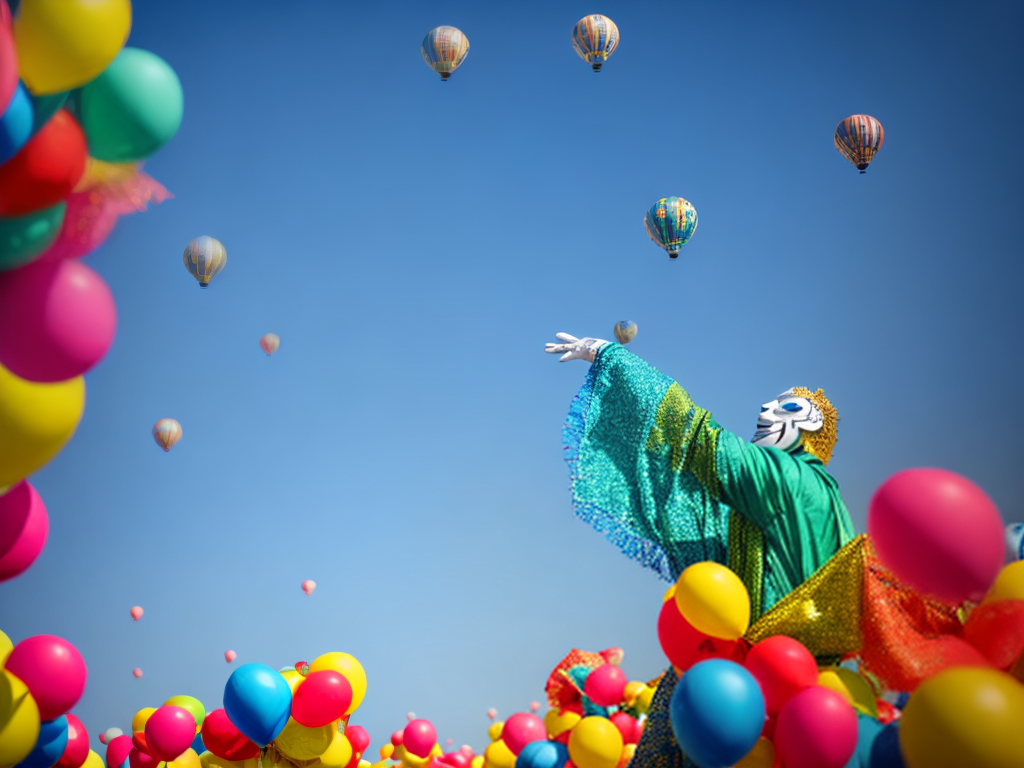 thousands of colorful venetian carnival masks falling from the blue sky