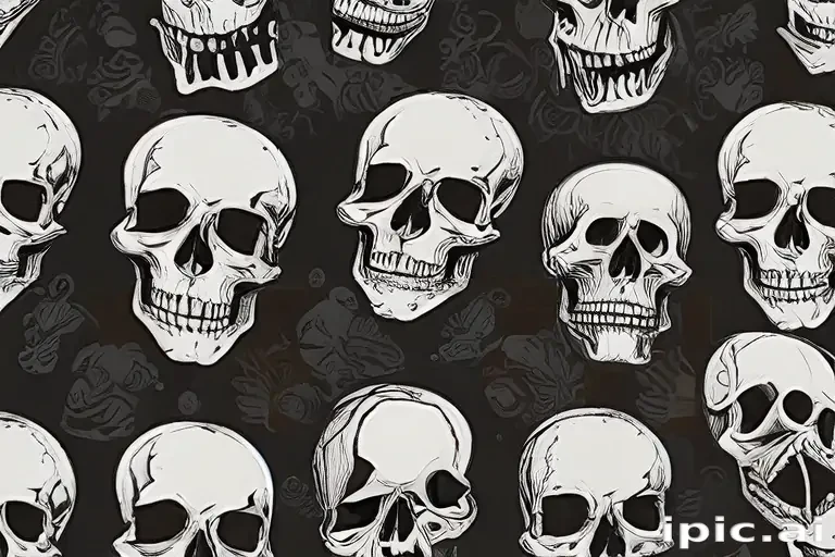 Intricate Pattern of Stylized Skulls Against a Dark Background Design
