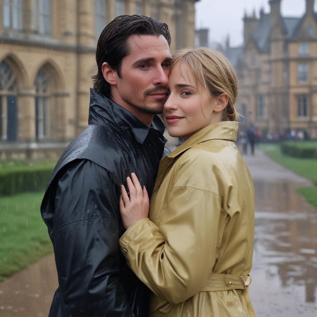 christian bale as bruce wayne and allison mack in raincoat, Looking at ...