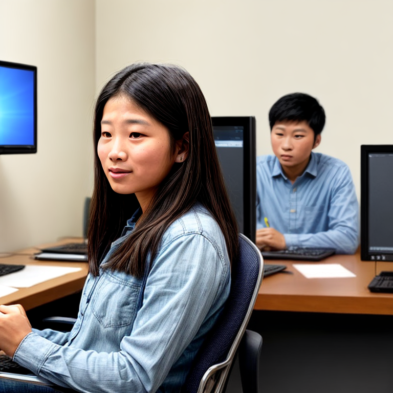 a student in front of a computer taking a test with thought bubble overhead