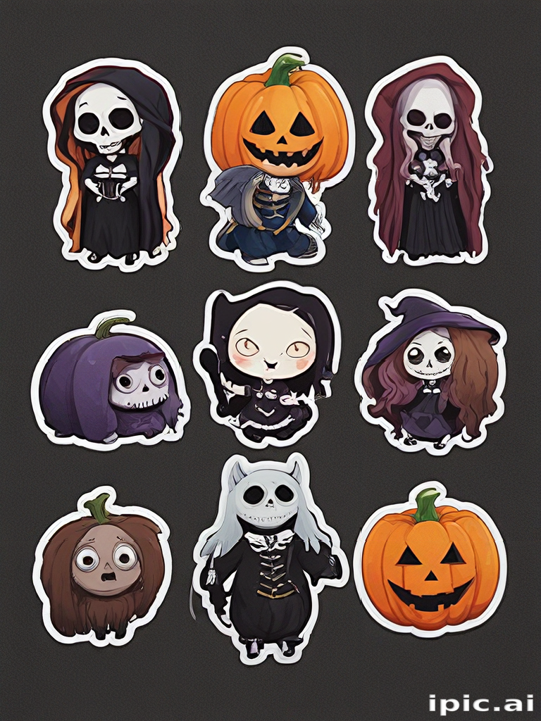 Colorful Halloween Sticker Collection Featuring Cute Skeletons and Pumpkins