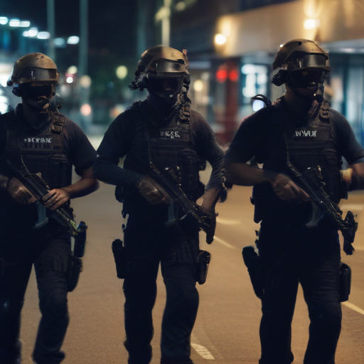 Tactical security team, real people in city at night, dark blue background