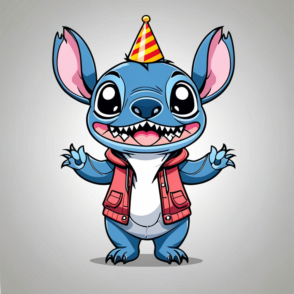 2d vector style Stitch character birthday with white background