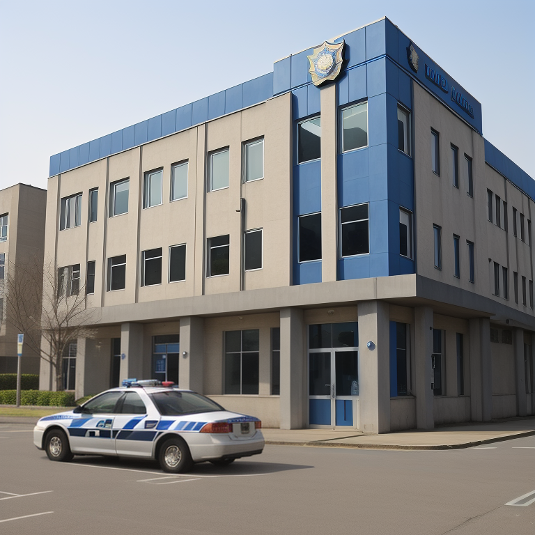 Modern Police Station Building with Patrol Car Parked Outside in Daylight