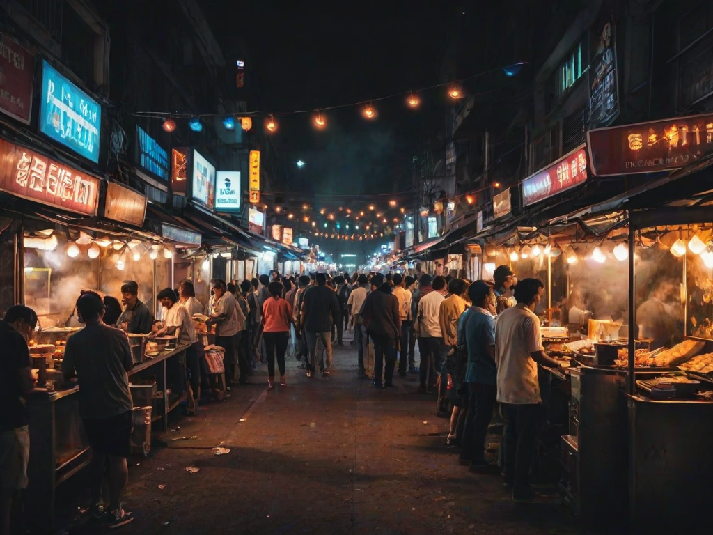 Vibrant Night Market Scene Filled with Delicious Food and Crowded Stalls.